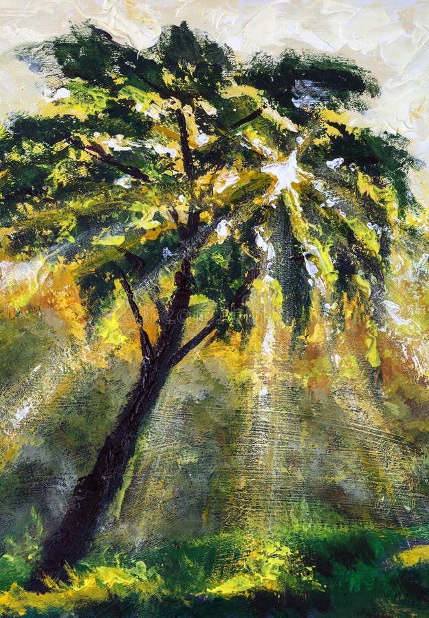 Sunny Lonely Tree among the Grass and Blooming Spring Purple and Yellow ... Sunny Lonely Tree among the Grass and Blooming Spring Purple and Yellow ...
