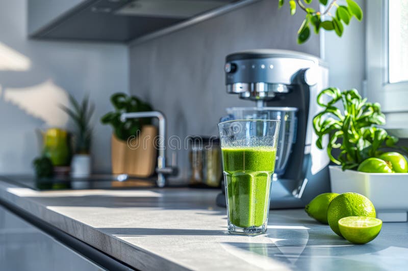 Sunny Morning in Modern Kitchen with Glass of Green Smoothie on Table ...