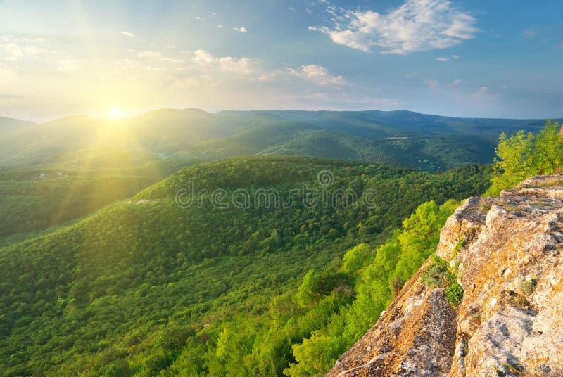 Sunny morning in mountain. stock photo. Image of countryside - 15408220