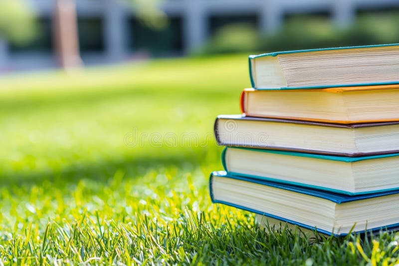 On a Sunny Morning Outside, a High Stack of Brown Identical Books ...