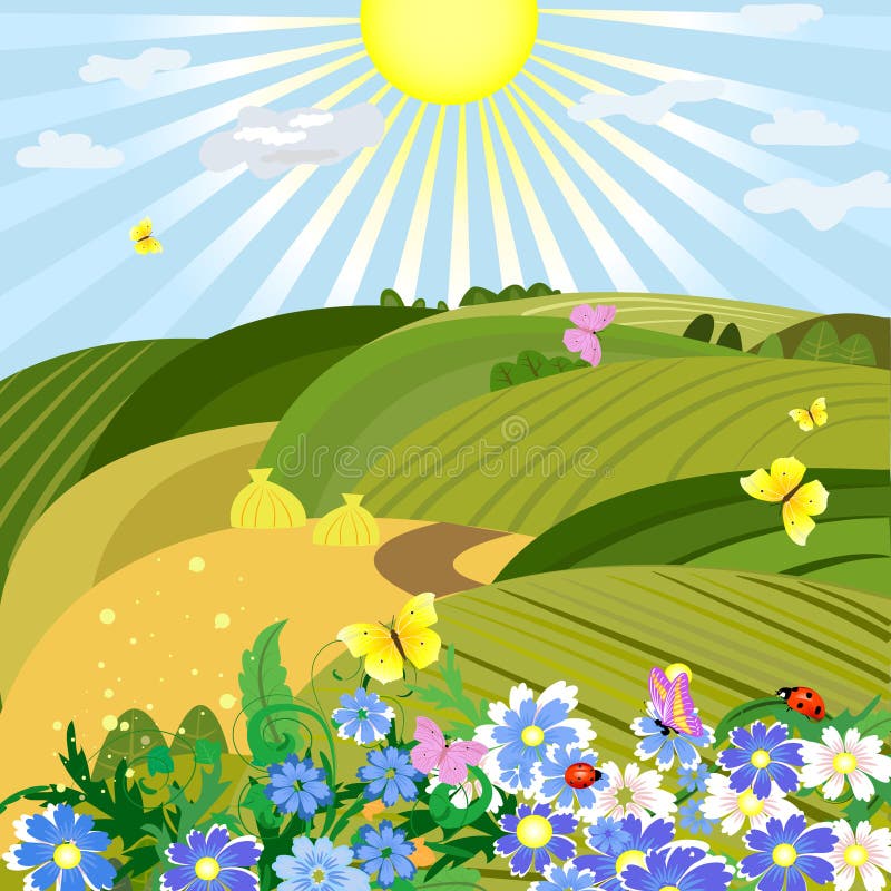 Sunny Rural Landscape with Rolling Hills and Fields. Stock Vector ...