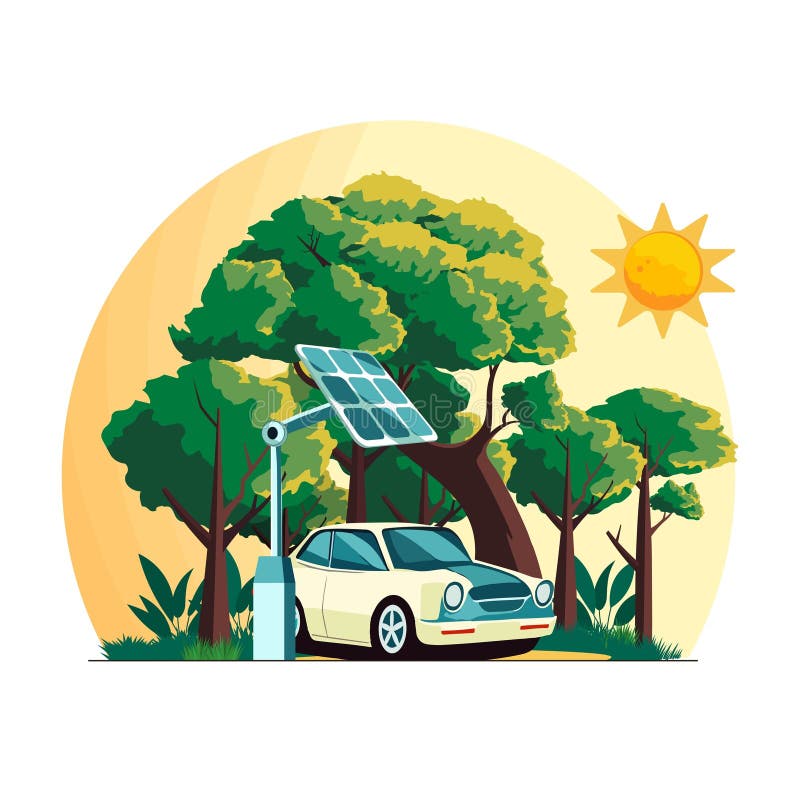 Sunny Nature Background with Solar Panel Stand and Car Illustration ...