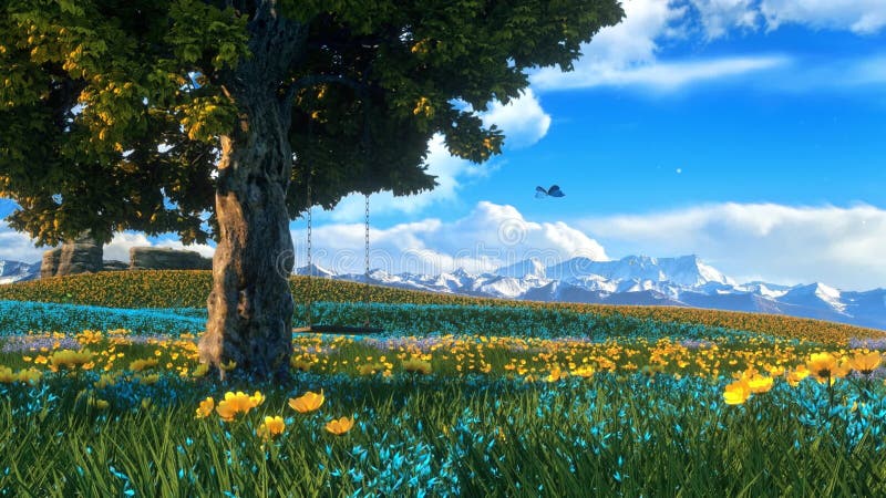 Sunny Nature Landscape with Grass, Trees, Flowers and Wind - Loop ...