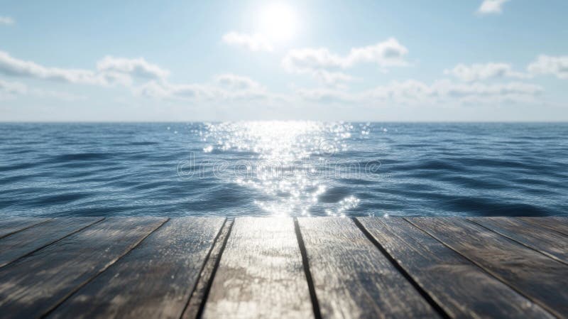 Sunny Ocean View with Wooden Dock Stock Illustration - Illustration of ...