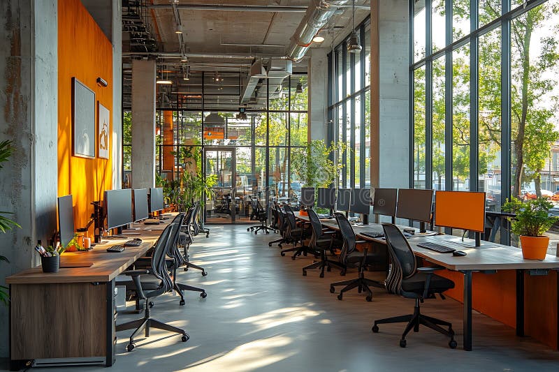 Sunny Open Office Space with Desks, Monitors, Chairs, & Large Windows ...
