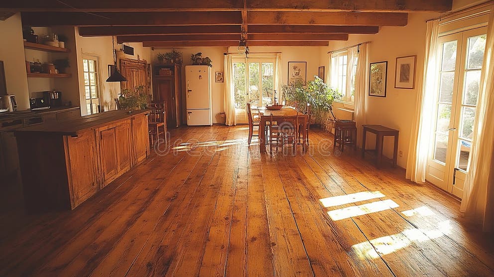 Sunny Open-plan Wooden Kitchen-dining Room, Rustic Interior Design ...