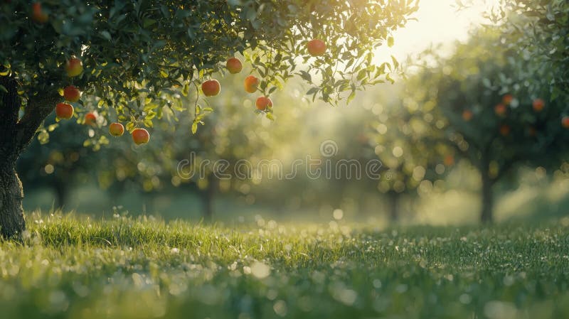 Sunny Orchard with Ripe Apples Hanging from Trees, Surrounded by Lush ...
