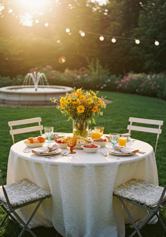 Sunny Outdoor Breakfast Table Setting with Yellow Flowers Stock Photo ...