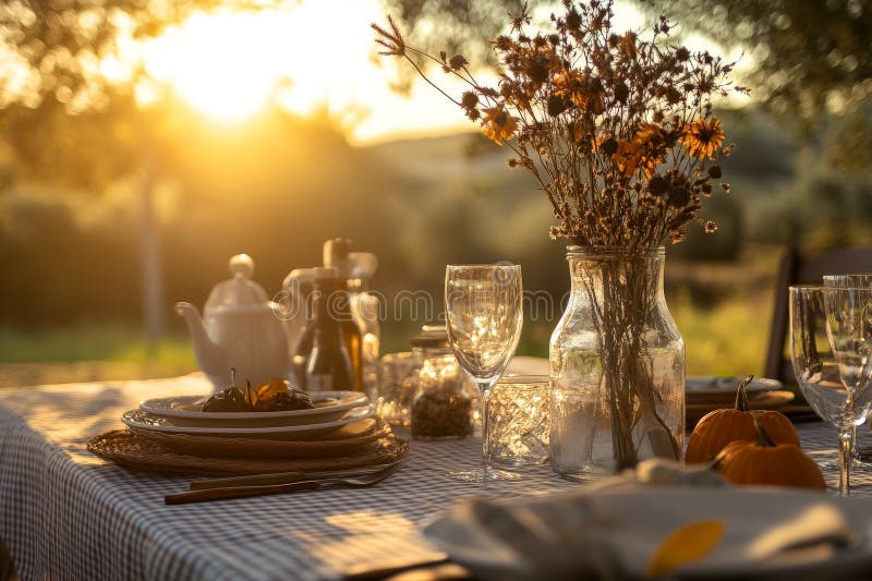 Sunny Outdoor Dining with Rustic Table Setting in a Serene Garden Stock ...