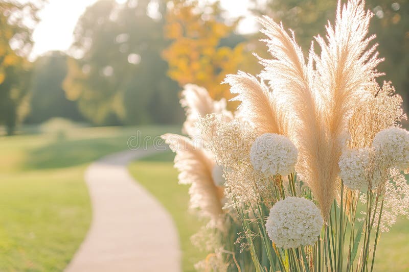 Sunny Park Pathway with Elegant Pampas Grass and Lush Greenery Stock ...