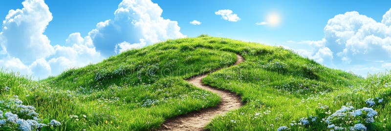 Sunny Path on Lush Green Hill with White Flowers and Fluffy Clouds in ...