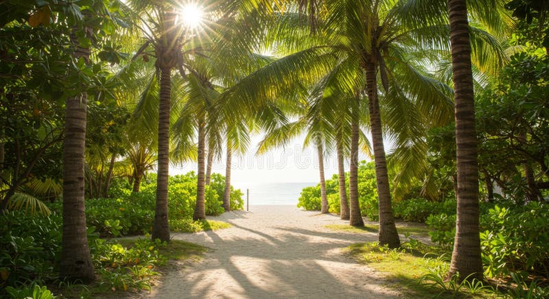 Sunny Path through Lush Palm Trees Leading To Tropical Beach Stock ...
