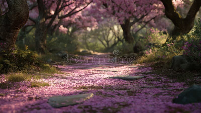 A Sunny Path through a Pink Blossom Stock Illustration - Illustration ...