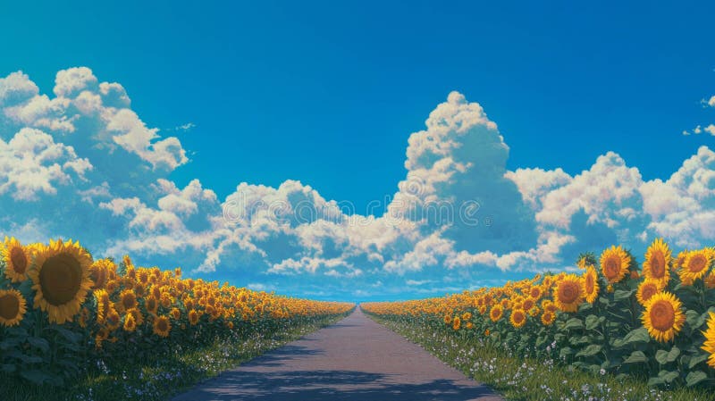 Sunny Path through Vibrant Sunflower Field Under Blue Sky Stock Photo ...