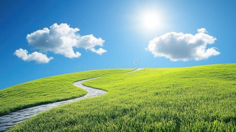 Sunny Pathway with Fluffy Clouds Over Green Hills Under Blue Sky Stock ...