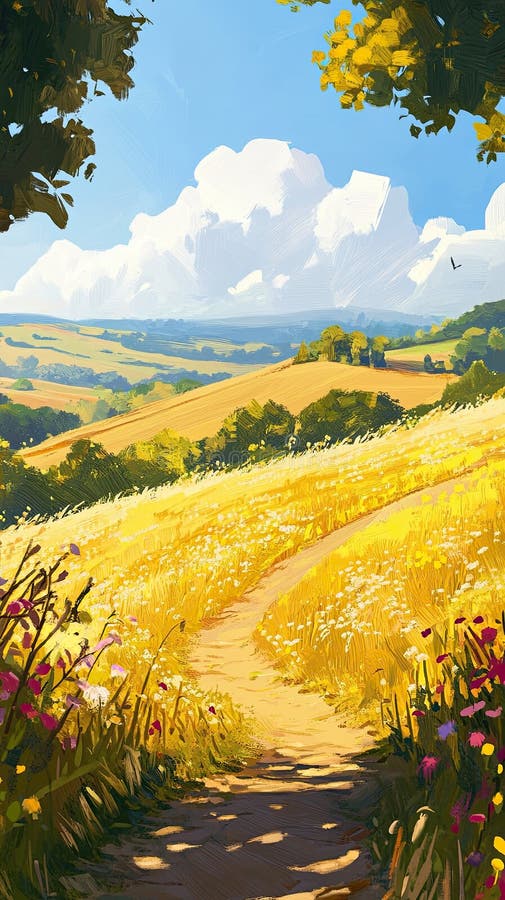 Sunny Pathway through Golden Fields with Distant Hills and Fluffy ...