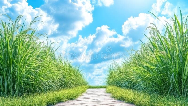 Sunny Pathway through Lush Green Grass and Vibrant Blue Sky with Fluffy ...