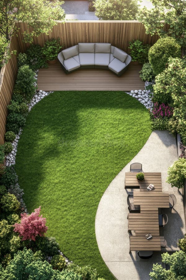 A Sunny Patio Area with Green Grass, Plants, and Seating. Stock Image ...