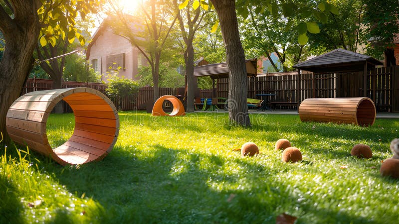 A Bright and Cheerful Outdoor Pet Playground with Wooden Tunnels and ...