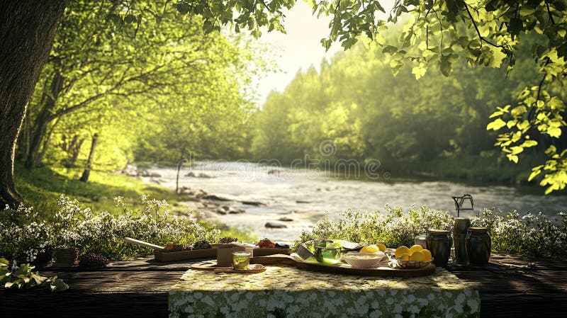 Sunny Picnic by a River in Lush Forest Stock Photo - Image of calm ...