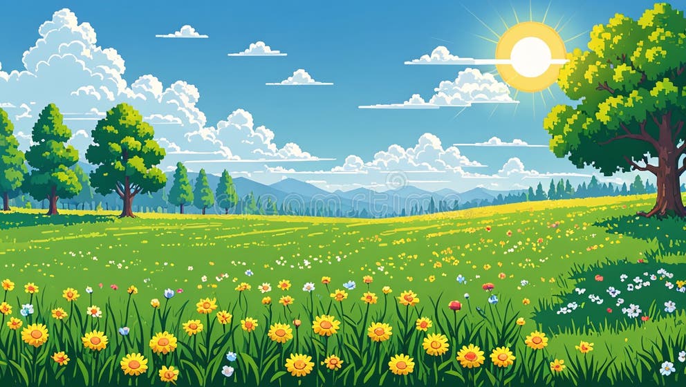 Sunny Pixelated Meadow Landscape Stock Illustration - Illustration of ...