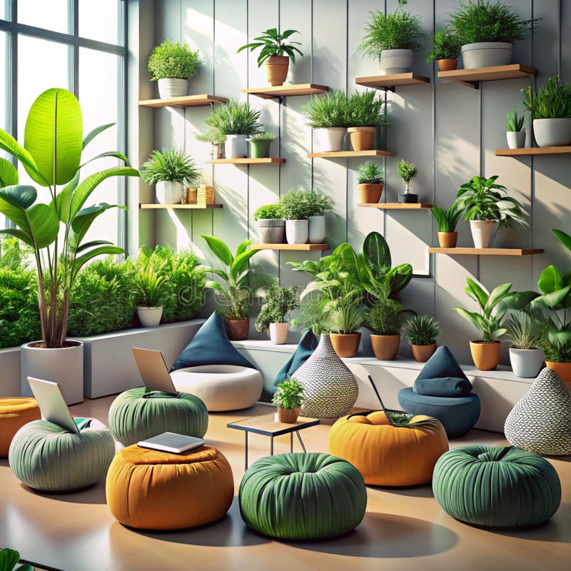 Sunny, Plant-filled Co-working Space with Comfortable Seating Stock ...