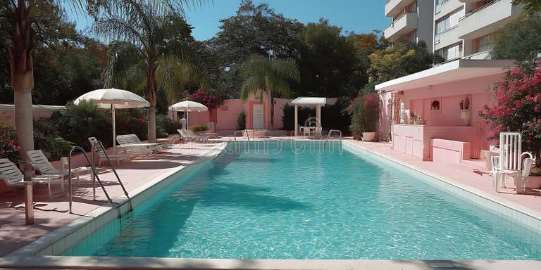 Sunny Poolside Area with a Rectangular Swimming Pool. Surrounded by ...