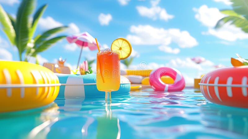 A Sunny Poolside with Colorful Floats, Tropical Drinks, and a Clear ...