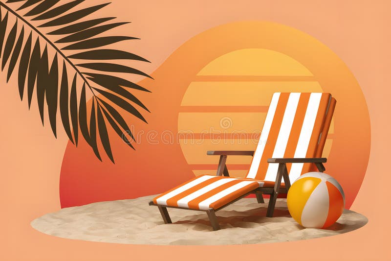 Sunny Relaxation Beach, Gradient Sun, Palm Leaf Silhouette, Lounger ...
