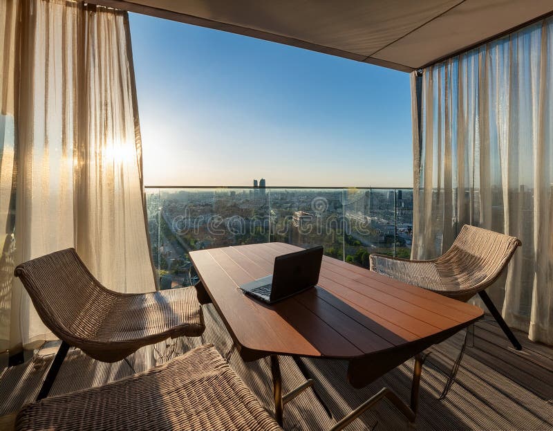 A Sunny Rooftop Area with a Laptop Table Setup Surrounded by Airy ...