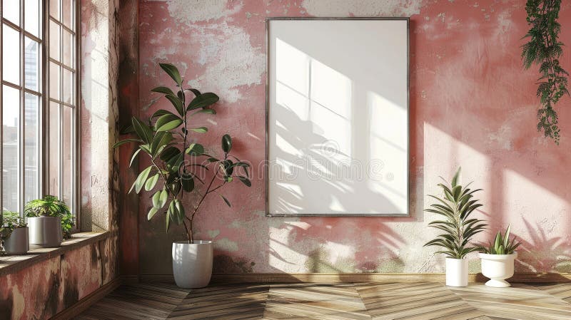 Sunny Room Corner with Plants and Framed Blank Canvas Stock Image ...