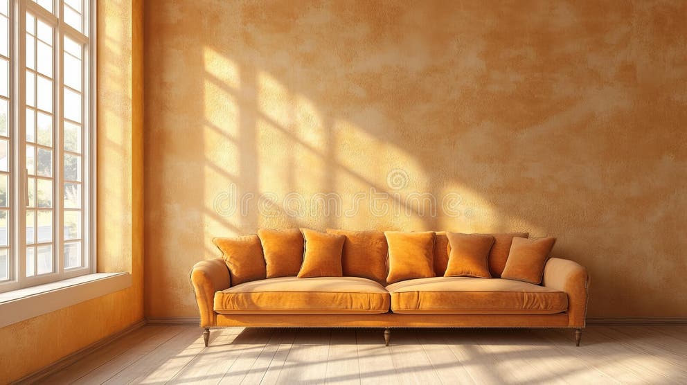 Sunny Room Interior with Modern Orange Sofa and Plaster Wall Stock ...