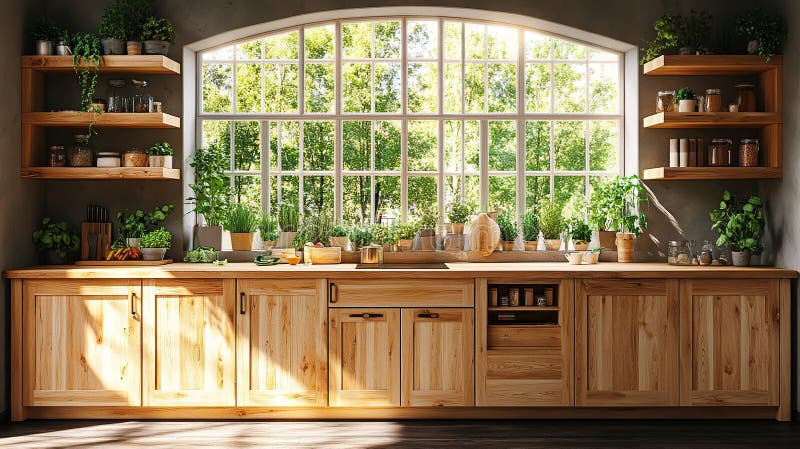 Sunny, Rustic Kitchen with Greenery Stock Illustration - Illustration ...