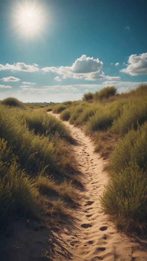 Sunny Sandy Path with Lush Green Bushes Under a Bright Blue Sky with ...