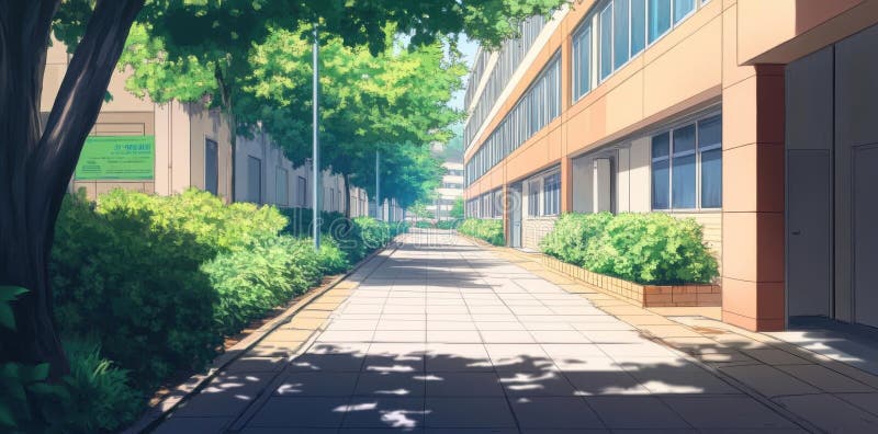Sunny School Path with Green Trees Stock Illustration - Illustration of ...