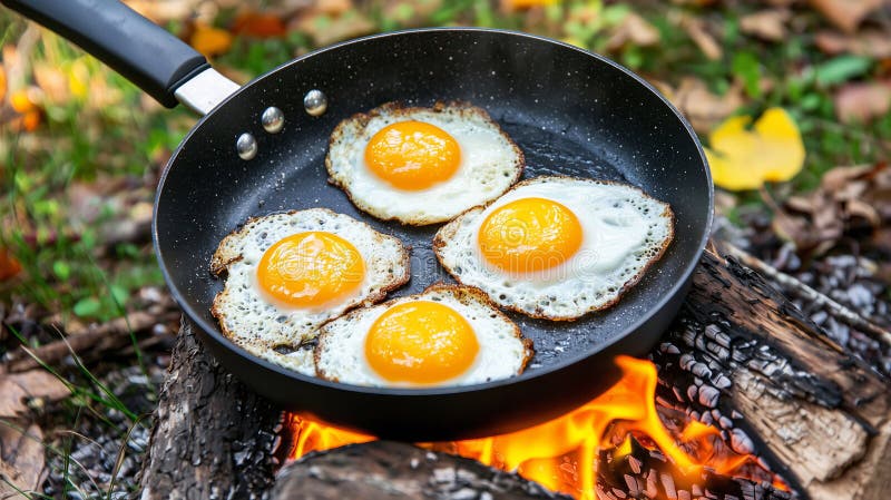Sunny Side Up: Cooking Eggs Outdoors Over Open Flame in Rustic Pan ...