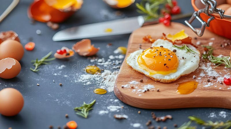 Sunny-side Up Egg with Seasoning and Ingredients on Rustic Cutting ...