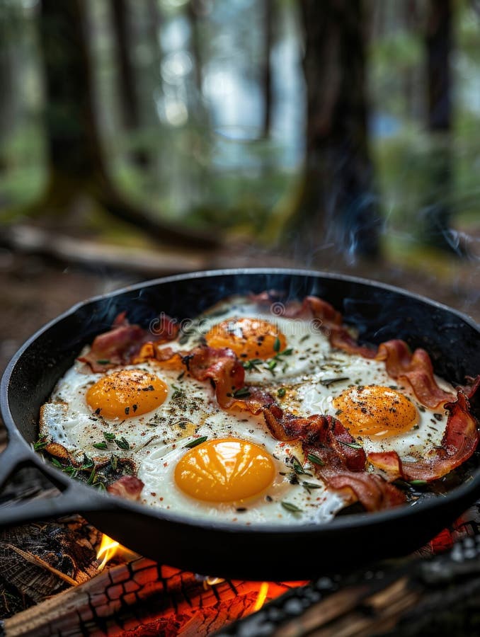 Sunny Side Up Eggs and Bacon in a Cast Iron Pan Over Campfire Stock ...