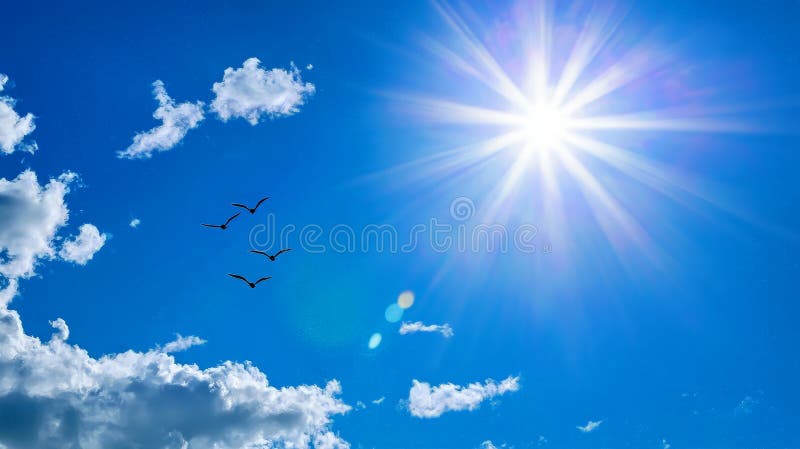 Sunny Sky with Birds Flying, Bright Sun, Fluffy Clouds Stock Photo ...