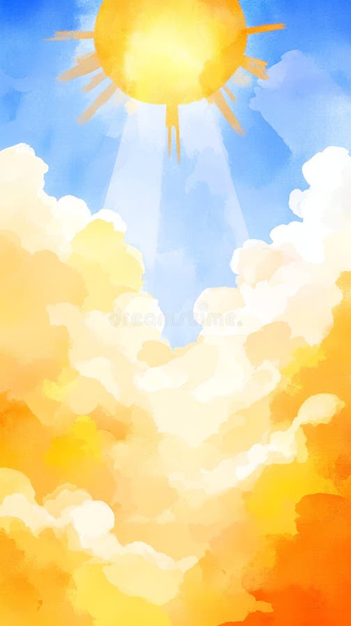 A Sunny Sky with Bright Clouds and Sun Rays Painted in Watercolor Style ...