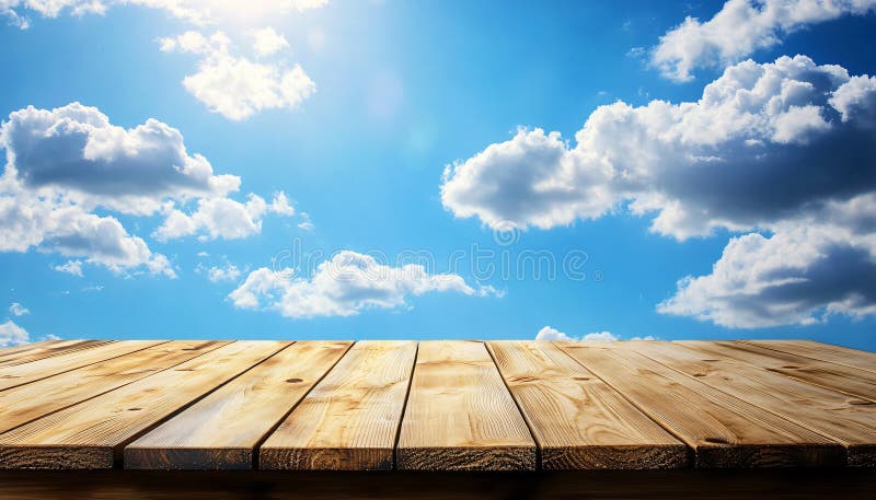 Sunny Sky Wooden Tabletop Background Summer High Quality Image Stock ...
