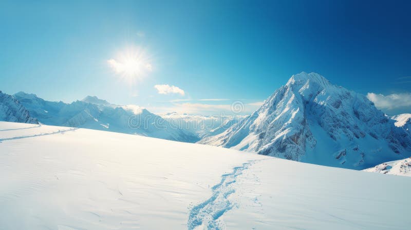 Sunny Snowy Mountain Landscape with Trail Stock Illustration ...