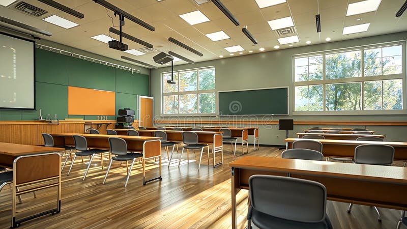 A Sunny, Spacious Classroom Features Empty Desks Facing the Front Stock ...