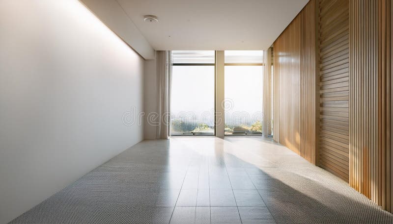 Sunny Spacious Hall Room with Blank Wall, Light Glossy Concrete Floor ...