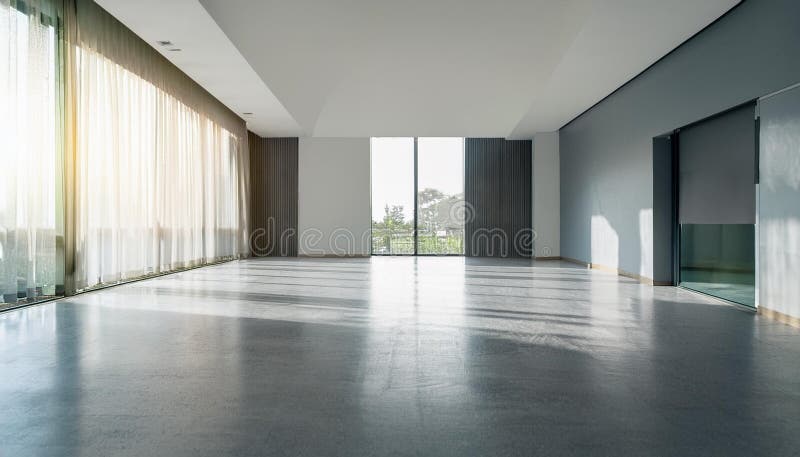 Sunny Spacious Hall Room with Blank Wall, Light Glossy Concrete Floor ...