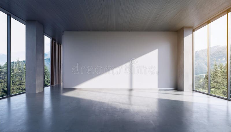 Sunny Spacious Hall Room with Blank Wall, Light Glossy Concrete Floor ...