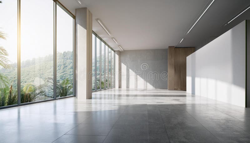 Sunny Spacious Hall Room with Blank Wall, Light Glossy Concrete Floor ...