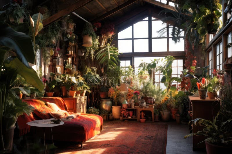 Sunny Spacious Room with High Windows and Lush Greenery Inside. Stock ...