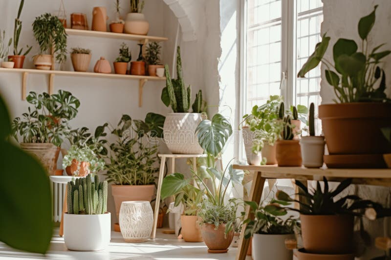 Sunny Spacious Room with High Windows and Lush Greenery Inside. Stock ...