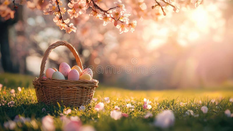 Sunny Spring Blossom Garden with Easter Egg Basket Under Cherry Blossom ...